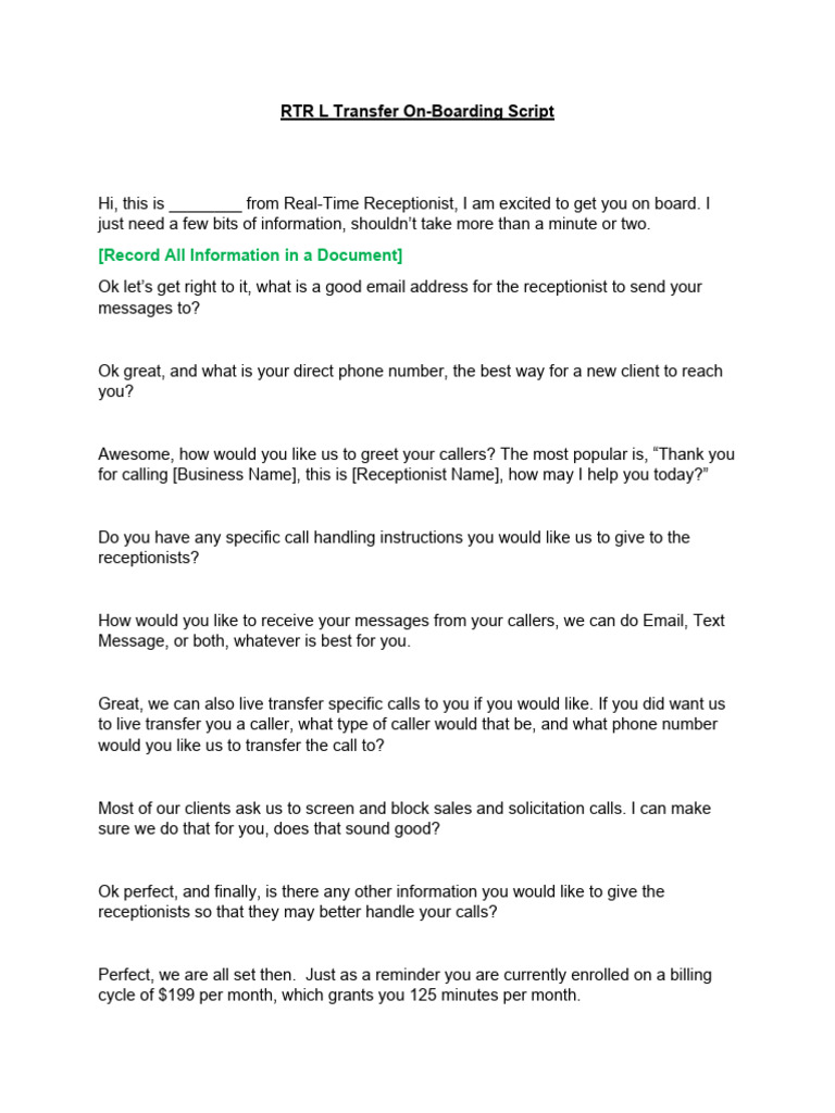 RTR L Transfer On-Boarding Script 1.2 | PDF