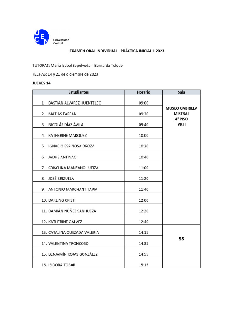 Fechas, Horario y Sala Examen P. Inicial II - 2023 - Jueves | PDF