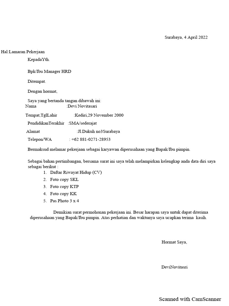 Lamaran Kerja Devi Novitasari | PDF