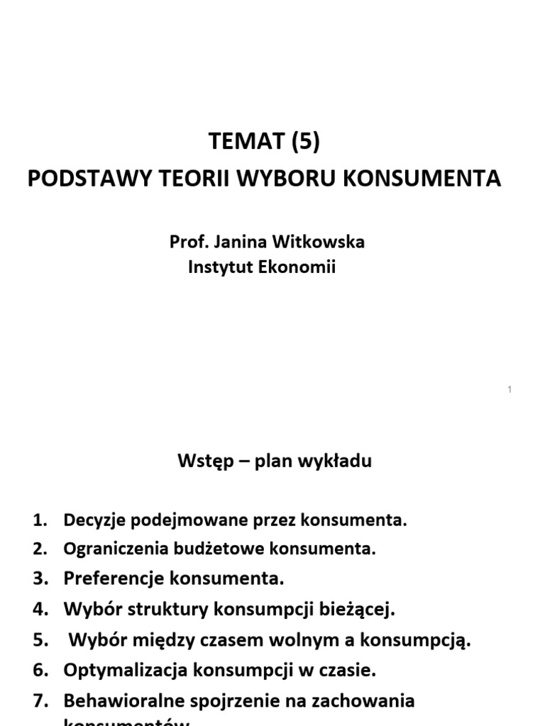 Ekonomia Temat 5 Podstawy Teorii Wyboru Konsumenta | PDF