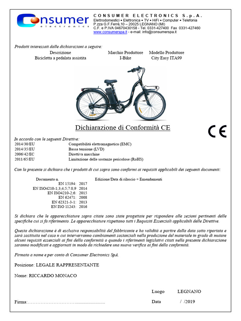 I Bike City Easy Dichiarazione Di Conformità CE | PDF