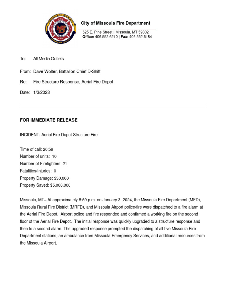 MFD Press Release Aerial Fire Depot Structure Fire 1.3.2024 | PDF