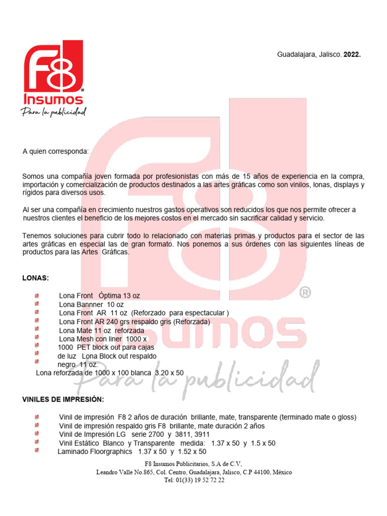 Carta de Presentacion F8 Insumos | PDF