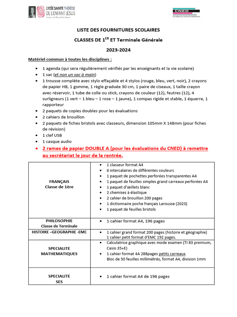 Liste Materiel 1ère Et Tle G 2023 2024 | PDF