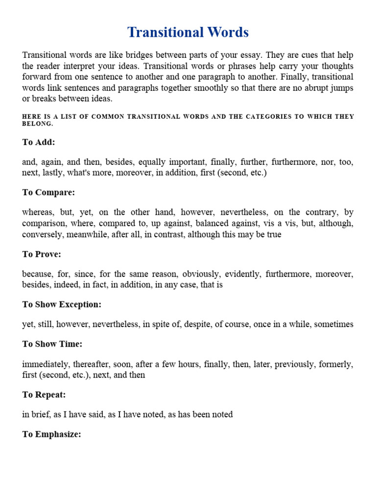Essential Transitional Words Guide | PDF | Language Arts & Discipline