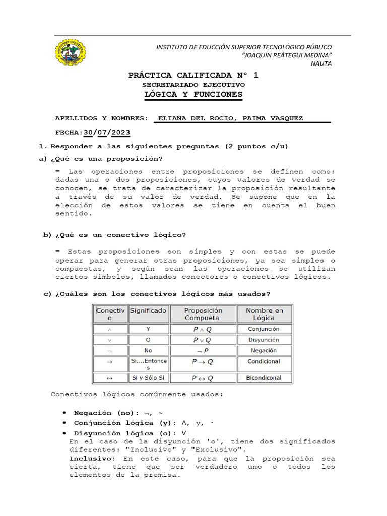 Practica Calificada 1 - Logica y Funciones - Eliana | PDF | Lógica matemática | Sintaxis (Lógica)