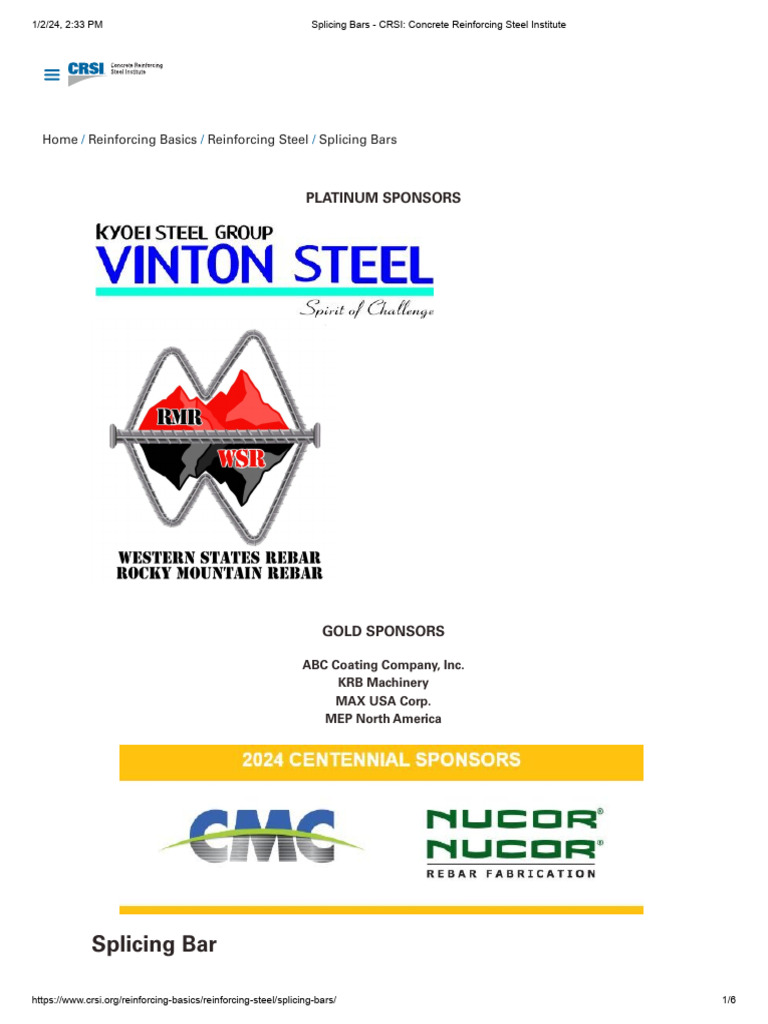 Splicing Bars - CRSI Concrete Reinforcing Steel Institute | PDF