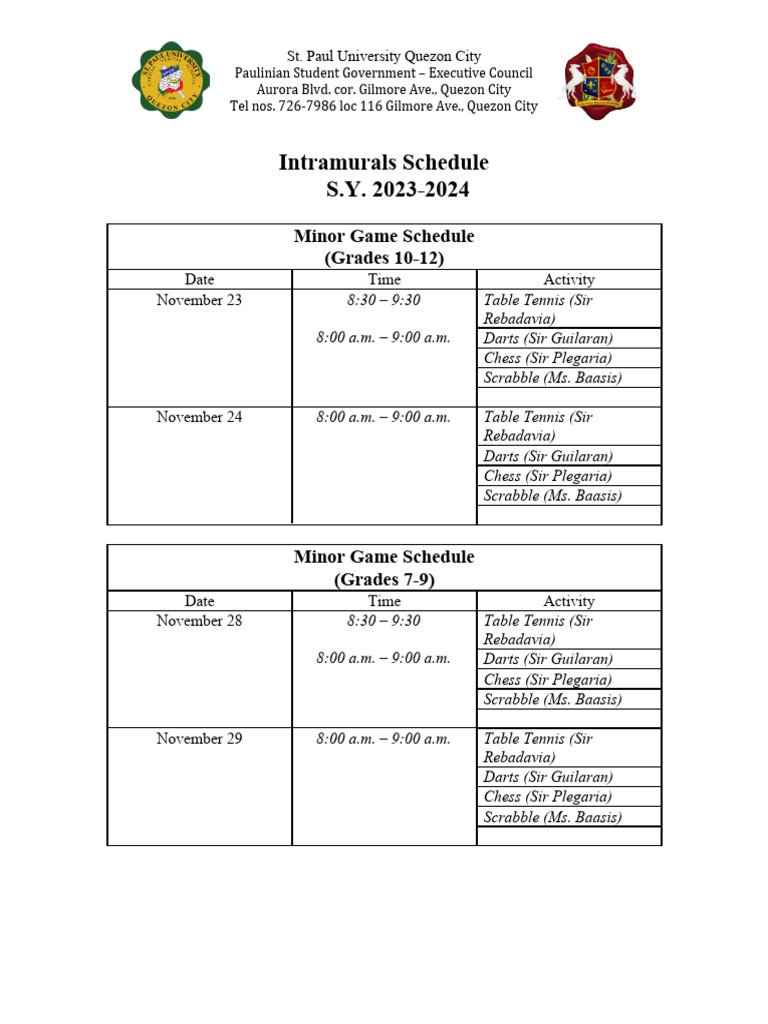 Intramurals Schedule 2023 2024 | PDF