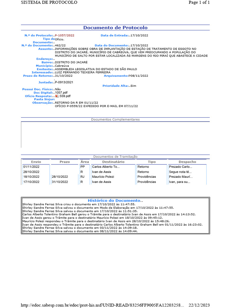 Documento de Protocolo: Documentos Complementares | PDF