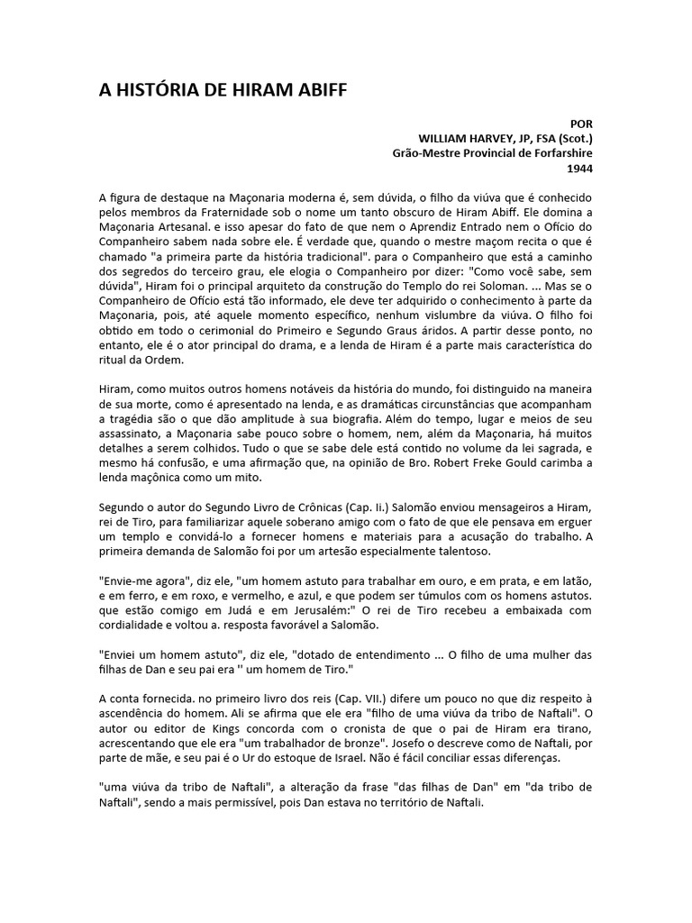 A Lenda de Hiram Abiff na Maçonaria | PDF | Maçonaria | Loja Maçônica