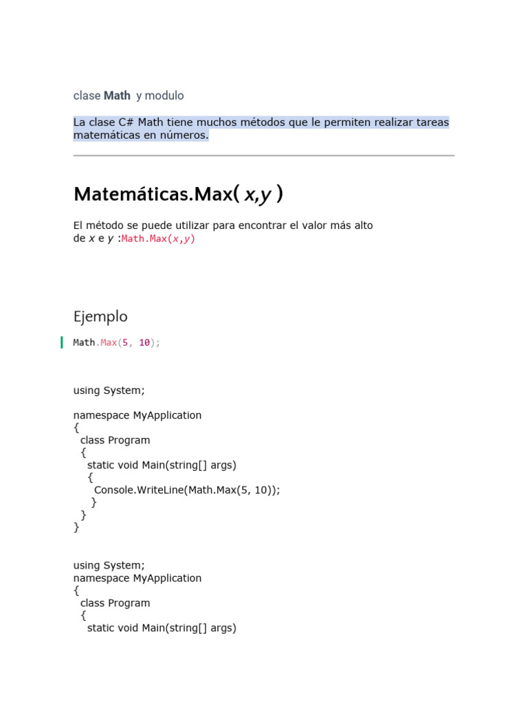 clase Math y modulo | PDF | C Sharp (lenguaje de programación ...