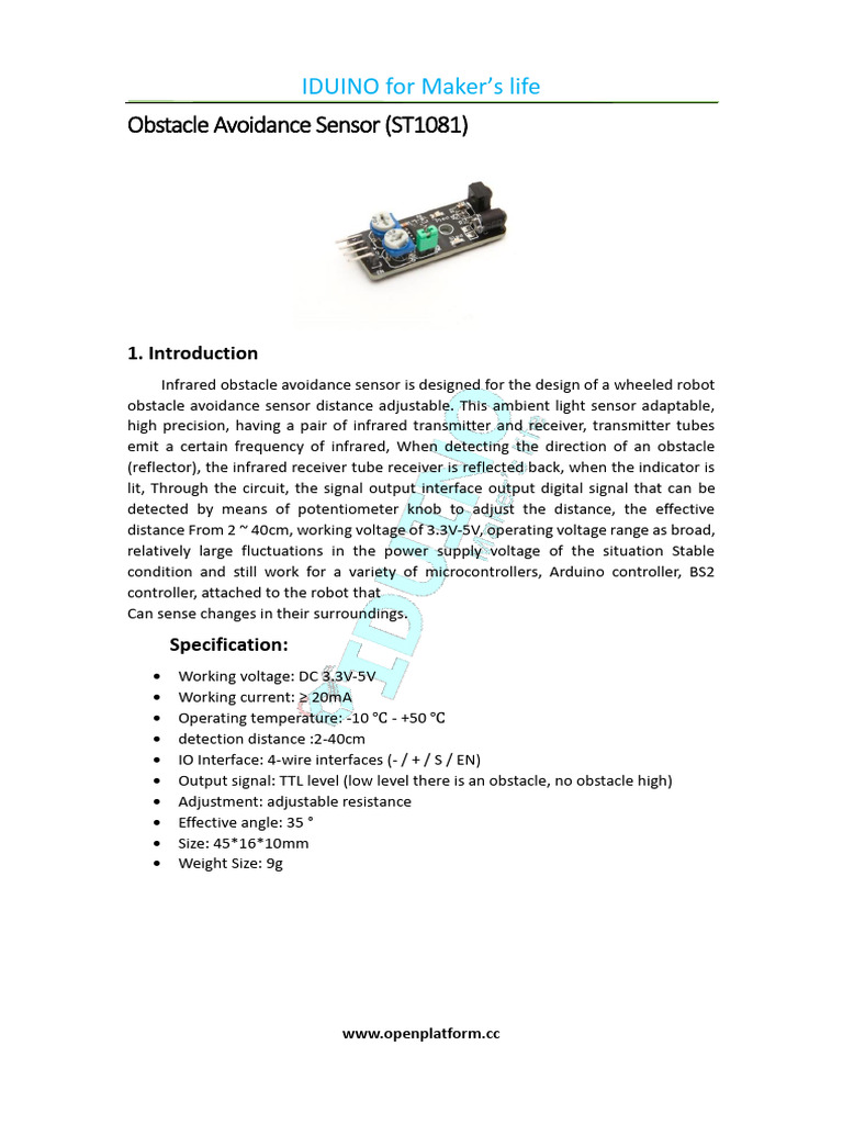 Fiche Technique 1485307 Iduino 1485307 Capteur Infrarouge Adapte Pour Ordinateur Monocarte ...