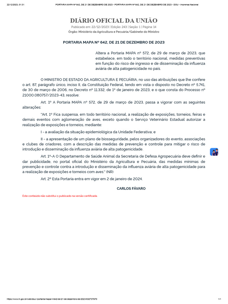 Portaria Mapa #642, de 21 - 12 - 2023 | PDF