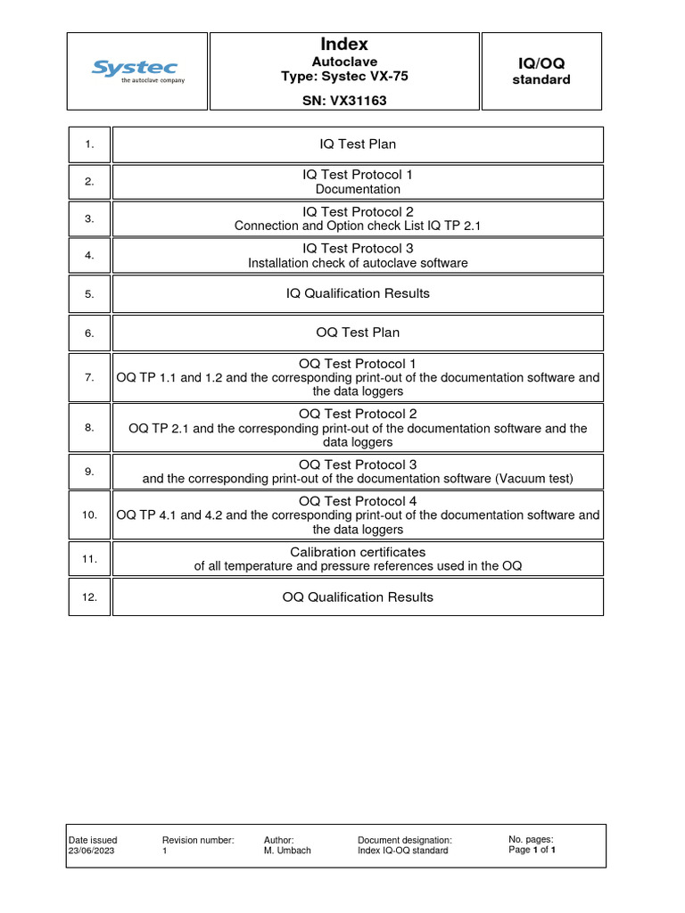 IQ/OQ Standard for Systec VX-75 Autoclave | PDF | Science & Mathematics ...
