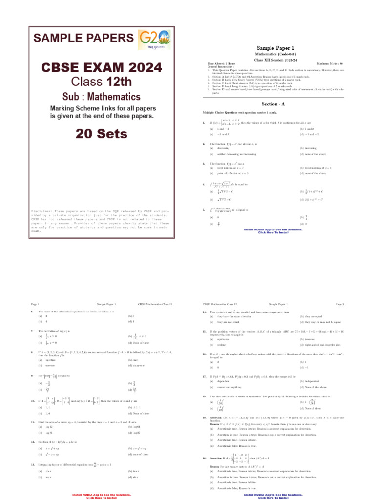 SQP 20 Sets Mathematics | PDF | Triangle | Matrix (Mathematics)