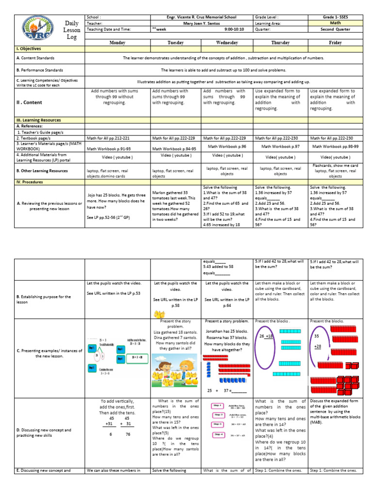 EVRC GRADE ONE-MATH DLL-3rdWeek2ndQuarter | PDF