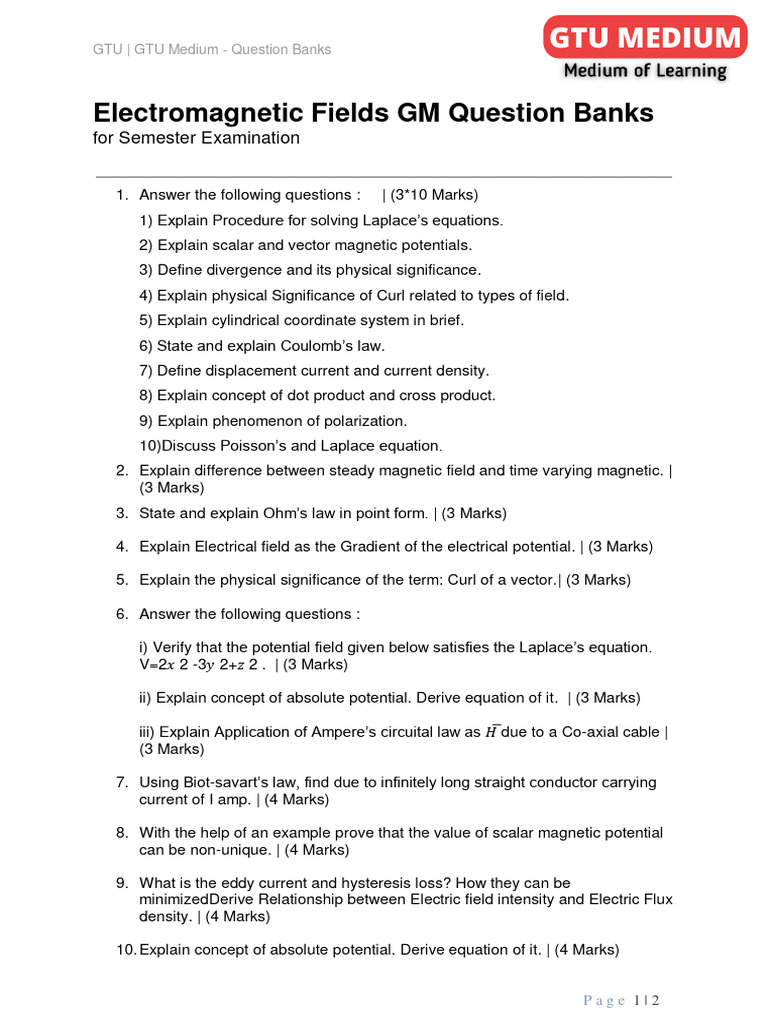 GTU Electromagnetic Fields Question Bank | PDF
