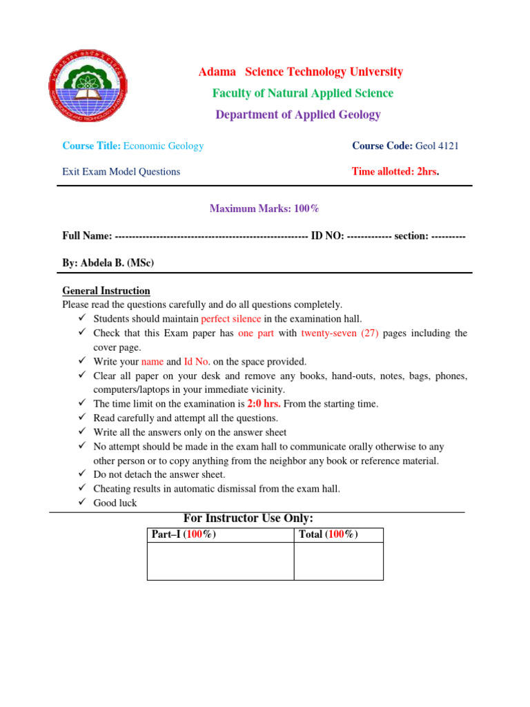 Economic Geology Exit Exam Model Questions | PDF
