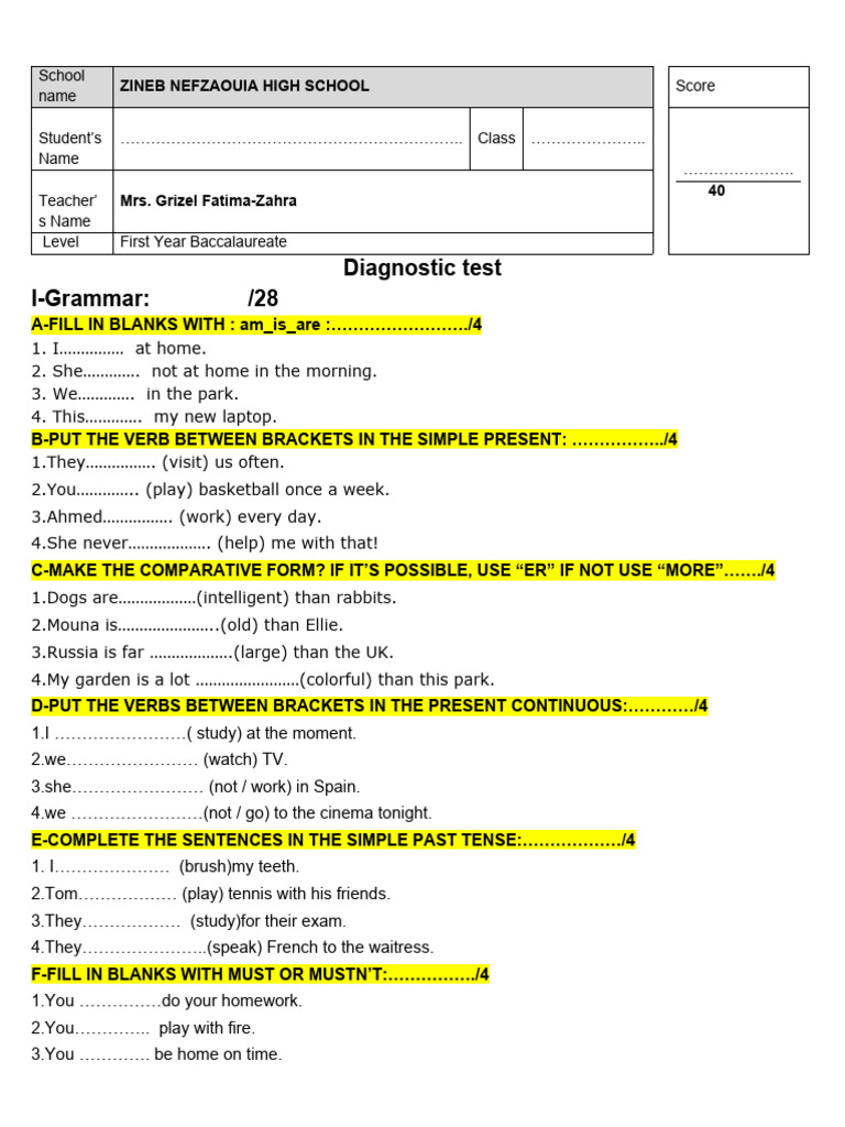 Diagnostic Test First Year Bac | PDF