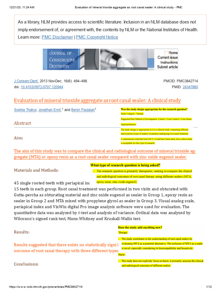 Evaluation of Mineral Trioxide Aggregate As Root Canal Sealer - A ...