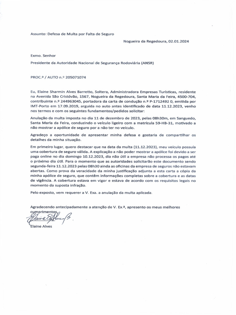 Carta para Recorrer Da Multa Auto 205071074 | PDF