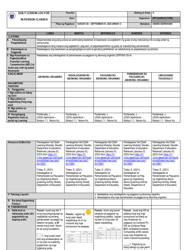 G5 Q1W1 DLL EPP (Agriculture) (MELCs) | PDF