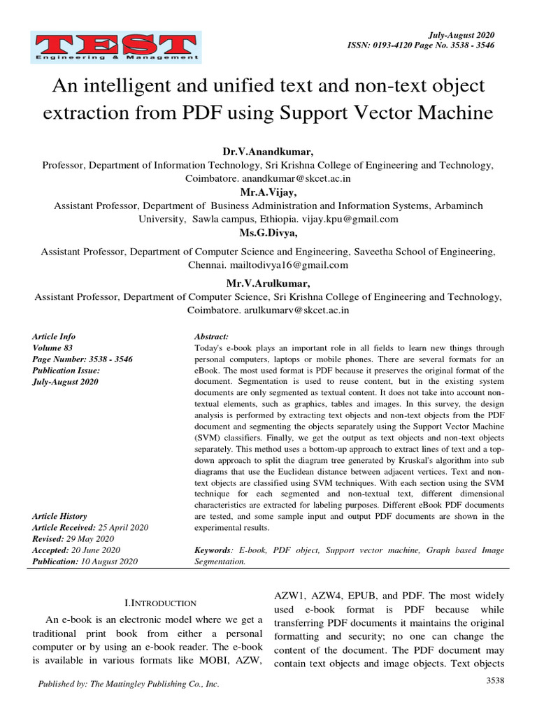 An Intelligent And Unified Text And Non Text Object Extraction From Pdf Using Support Vector