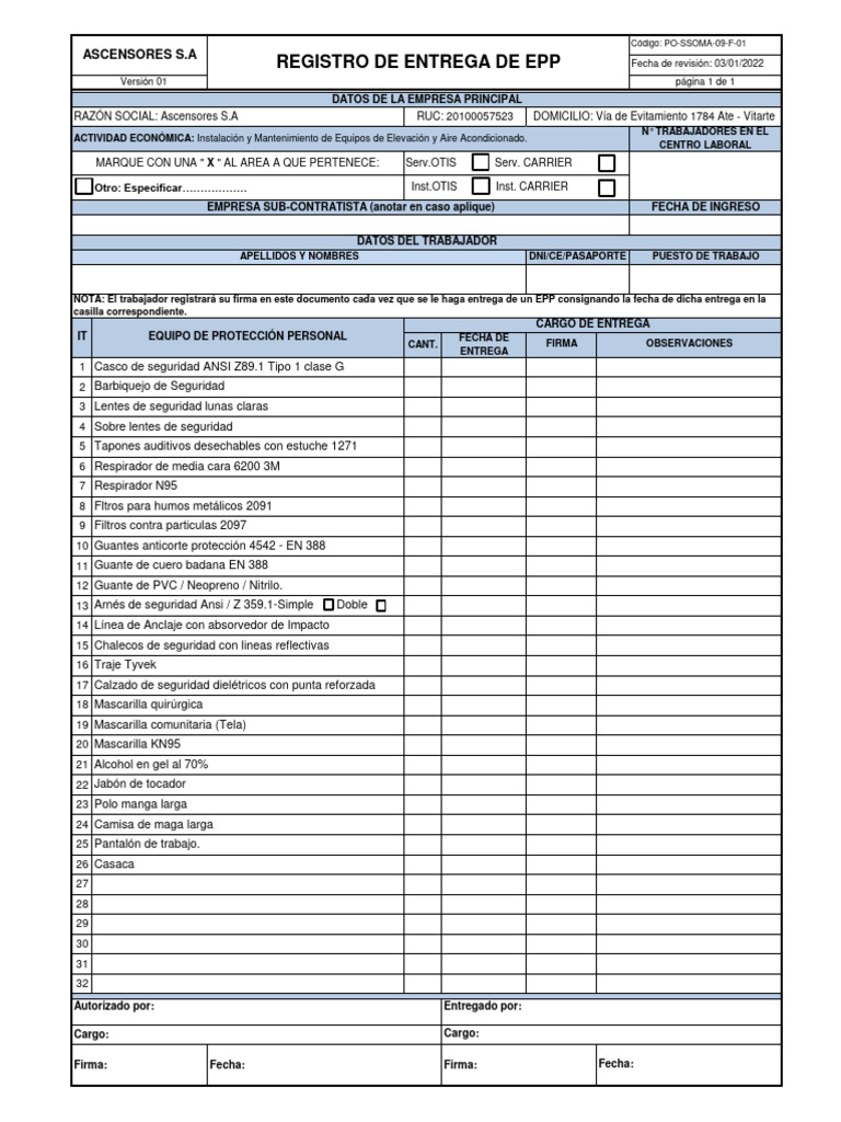 PO-SSOMA-09-F-01 Kardex de Entrega de EPP | PDF
