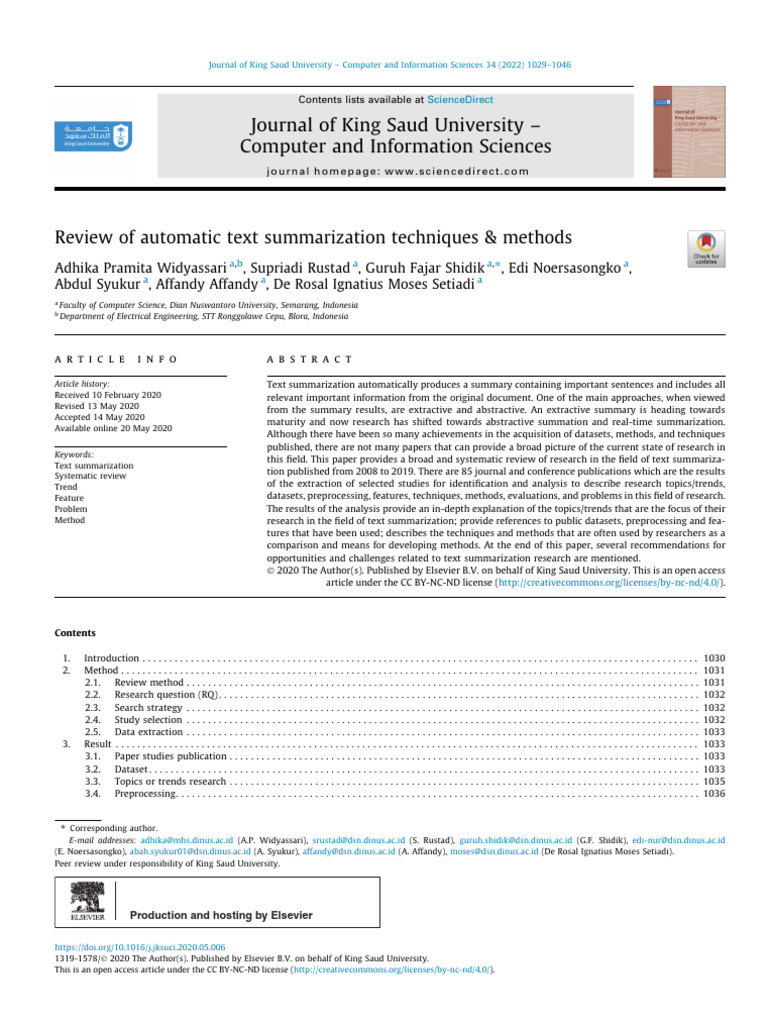 Review of Automatic Text Summarization Techniques & Methods | PDF