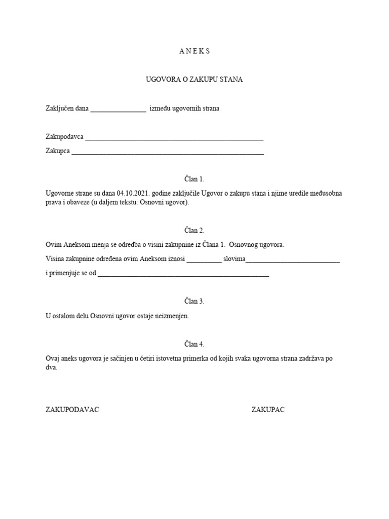 Anex Ugovora o Zakupu Stana | PDF