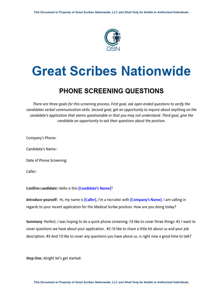 GSNS Phone Call Screening Questions | PDF | Health Care