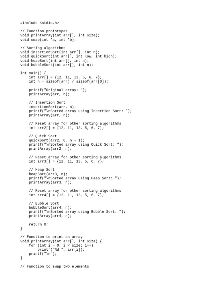 Implementation of Different Sorting Algorithm Like Insertion, Quick, Heap, Bubble | PDF ...