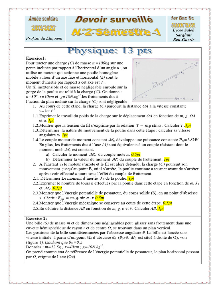 Devoir 2 Physique Et Chimie 1er BAC Sciences Mathematiques 1er Semestre ...