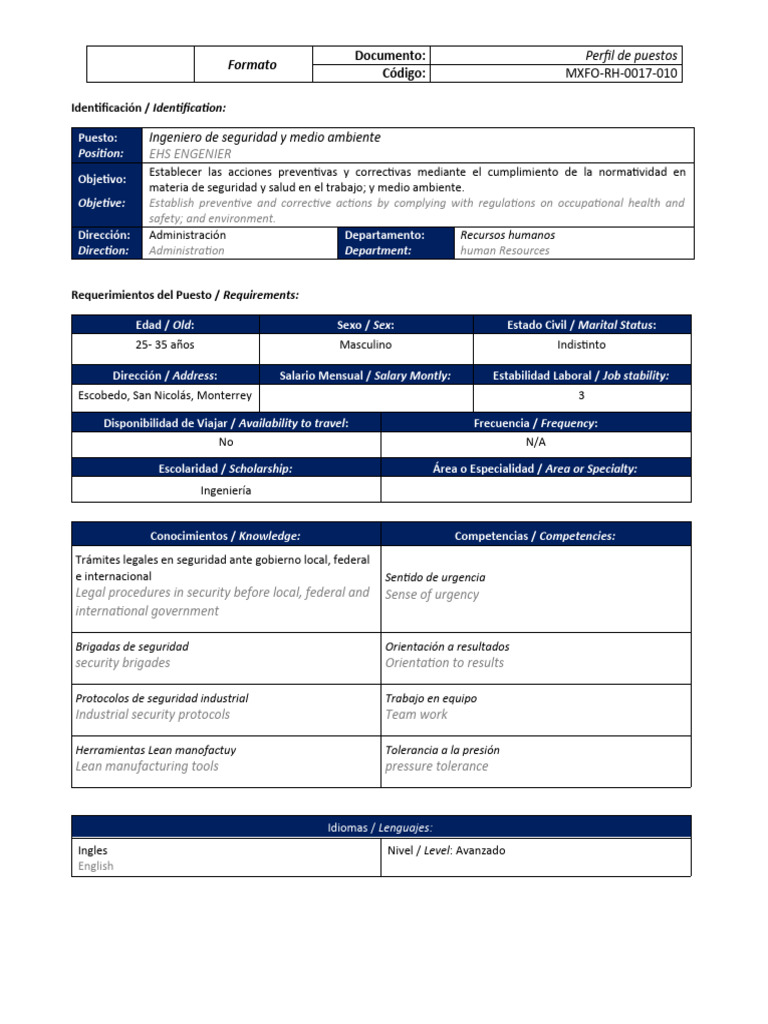 Formato De Perfil De Puestos Ehs Engineer Pdf