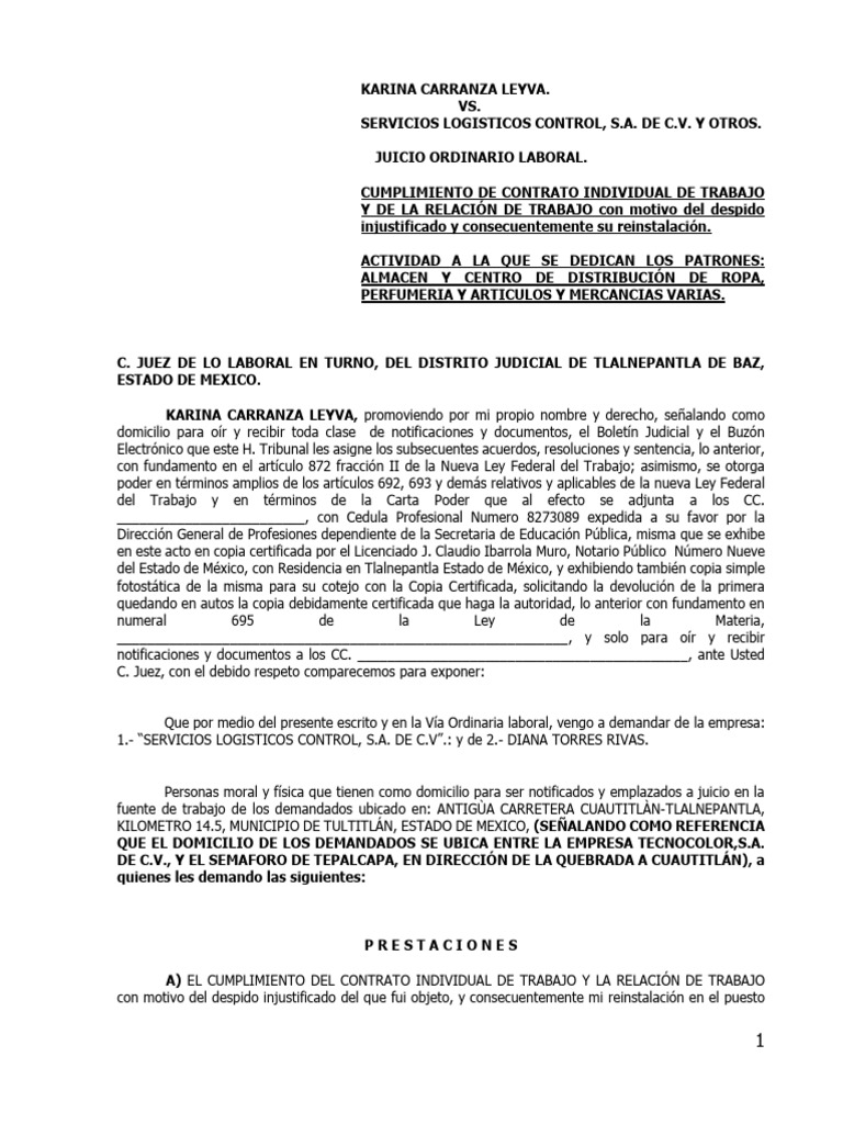 Formato Demanda Laboral Nuevo Procedimiento | PDF | Salario | Demanda ...