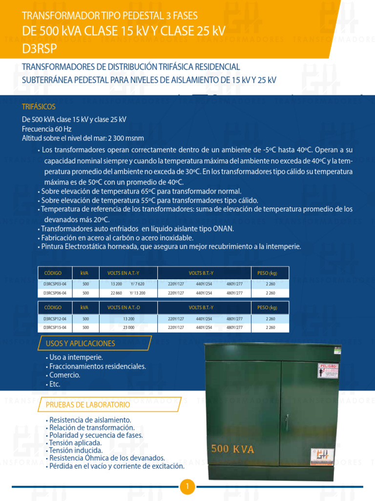 Pedestal 500 Kva Clase 15 y 25 KV | PDF | Transformador | Ingeniería de la Energía
