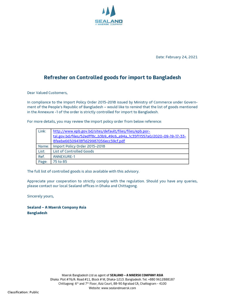 List of Strictly Controlled Goods For Import Into Bangladesh | PDF