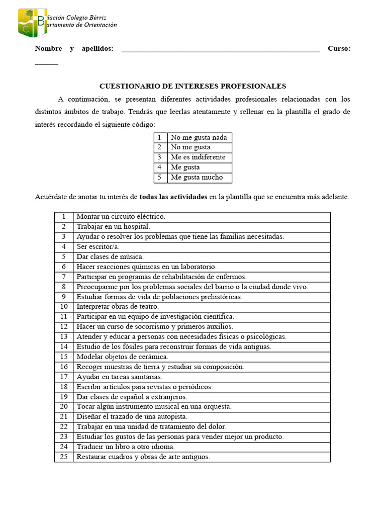 Cuestionario de Intereses Profesionales | Descargar gratis PDF ...