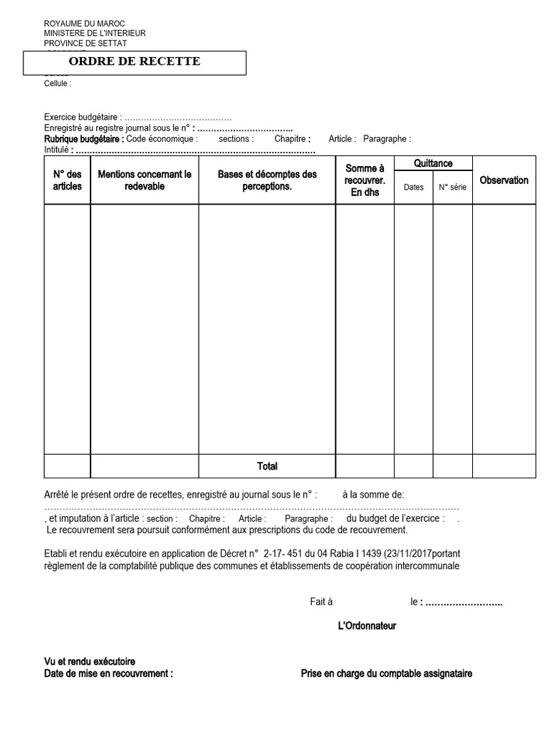 Ordre de Recettes | PDF