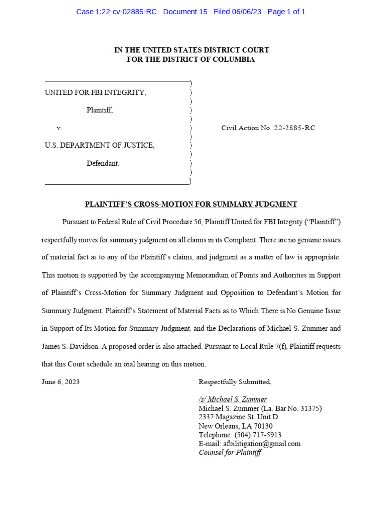United For FBI Integrity Motion For Summary Judgment | PDF | Summary Judgment | Freedom Of ...