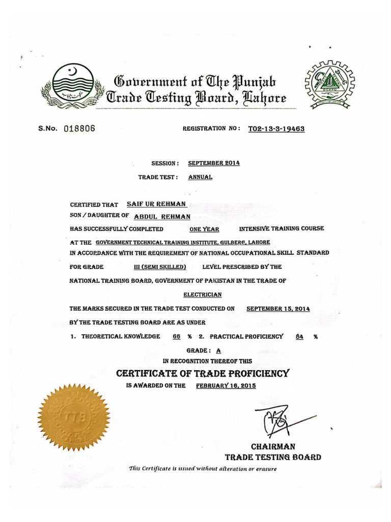 Electrical Diploma Certificate