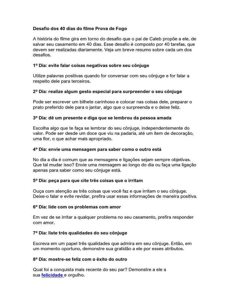 Desafio Dos 40 Dias Do Filme Prova de Fogo | PDF | Amor | Casamento