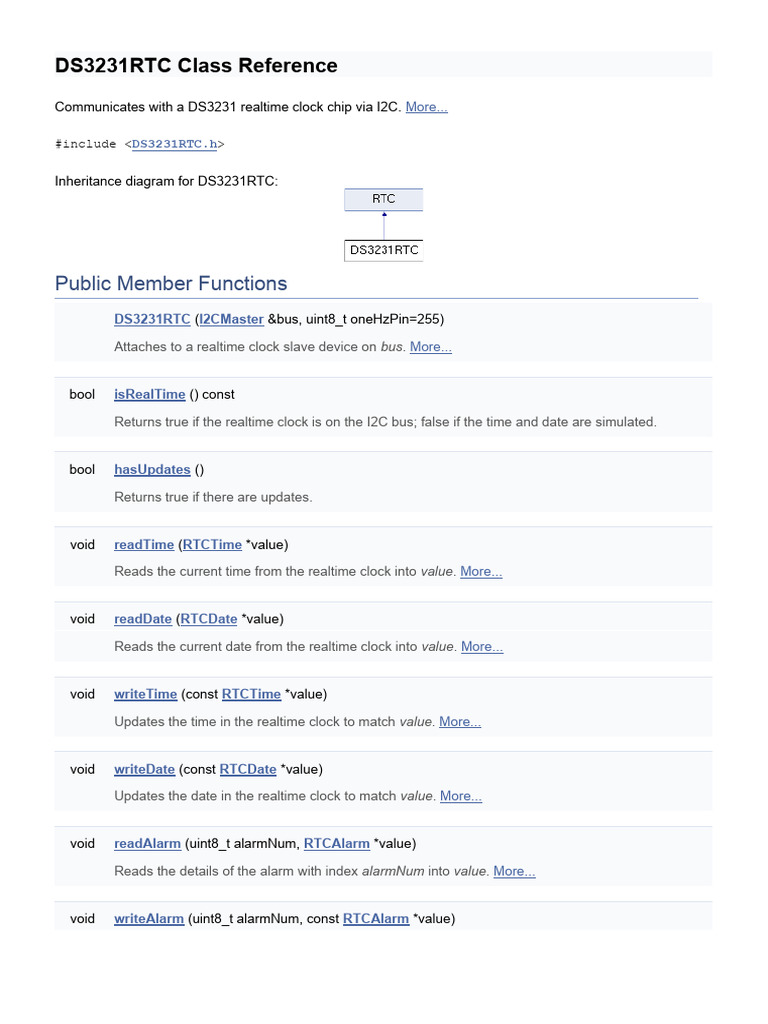 DS3231RTC Class Reference | PDF | Parameter (Computer Programming) | Method (Computer Programming)