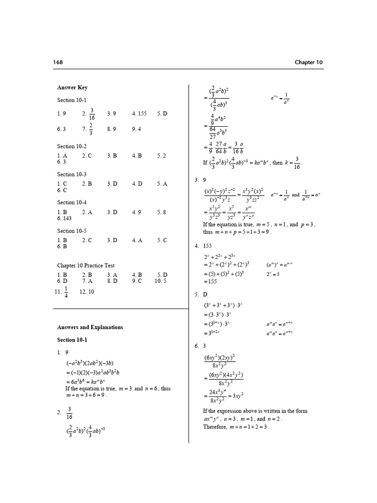Algebra Practice Test Answers | PDF