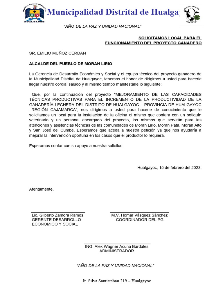 Solicitud de Locales para Proyecto Ganadero | PDF