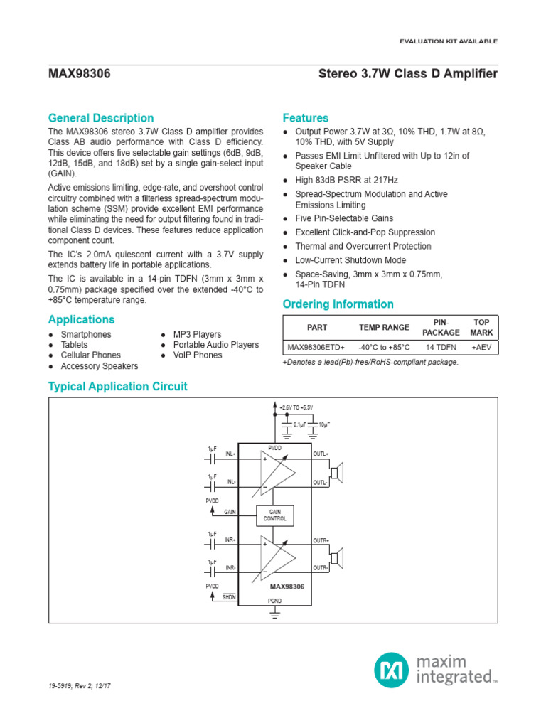 Max 98306 | PDF | Amplifier | Electrical Engineering