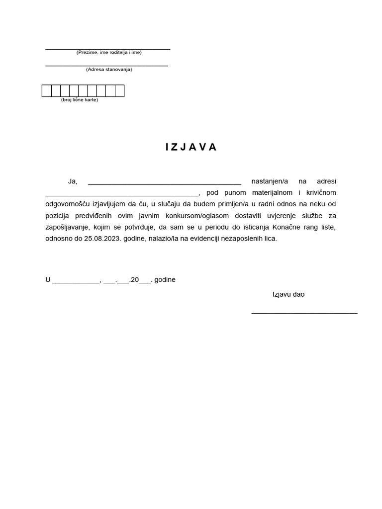 Primjeri Izjava 23 | PDF