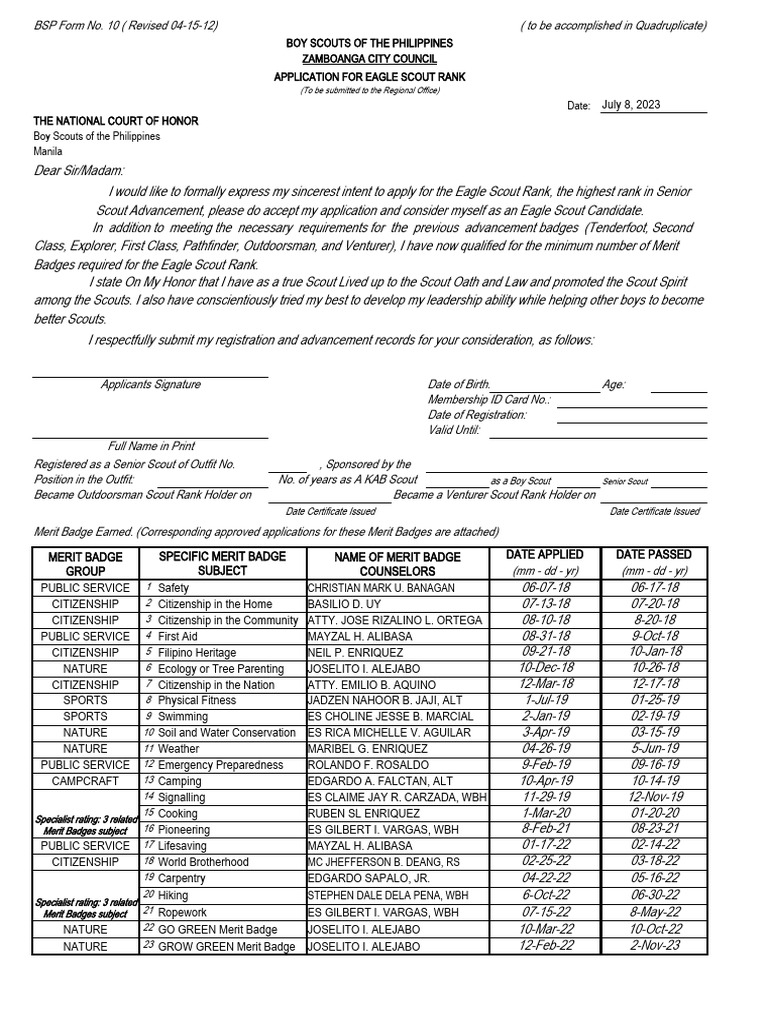 Eagle Scout Rank Application Form | PDF | Boy Scouts Of America | Scouting