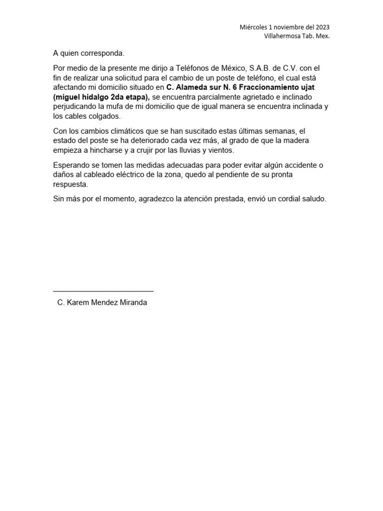 Solicitud de cambio de poste Telmex | PDF