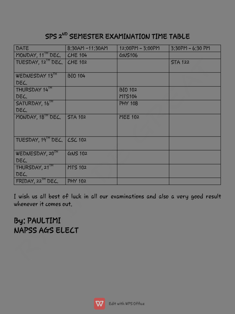 Sps 2nd Semester Examination Time Table by Paultimi | PDF | Cooking ...